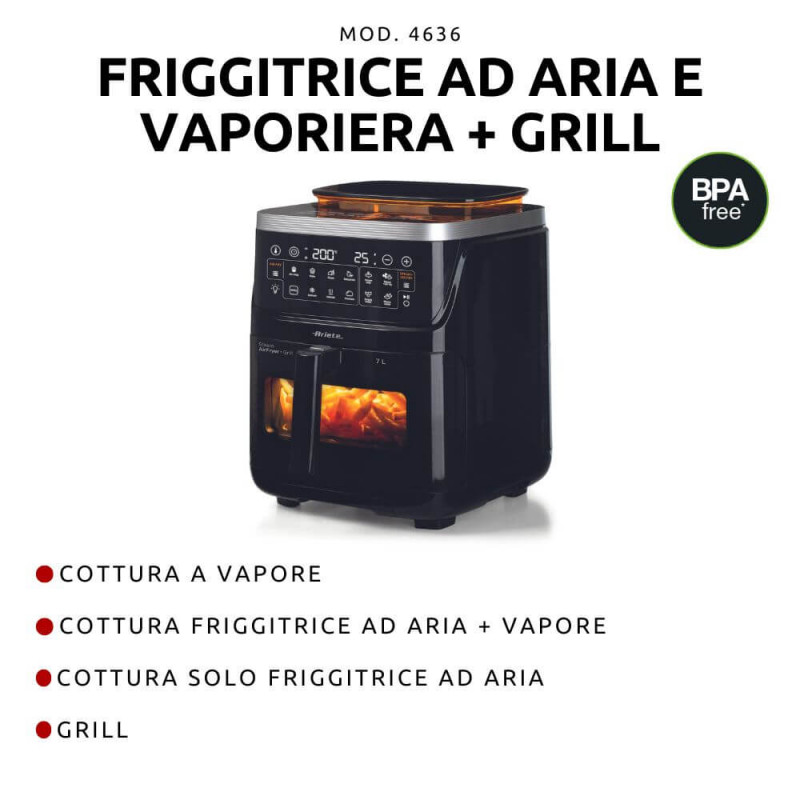 Friggitrice ad aria con funzione vapore + Grill | 4636 Ariete Nero | Ariete